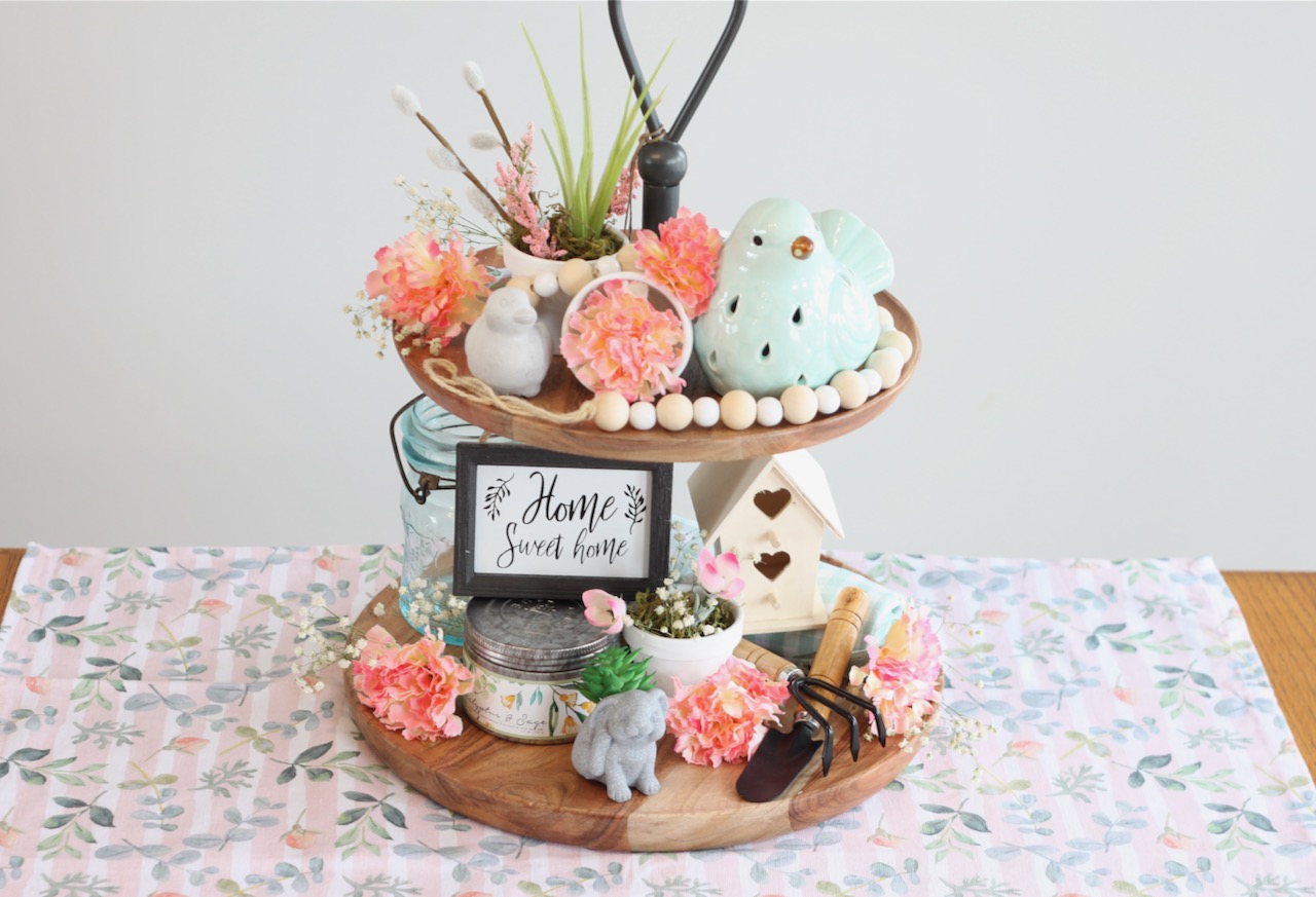 How To Decorate a Tiered Tray For Spring - Be Home Inspired